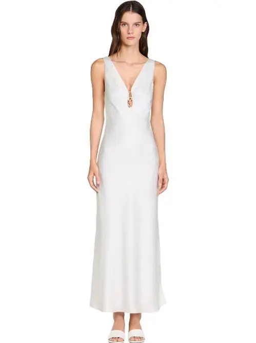 Sandro Satin-effect Maxi Dress With Jewel Adornment - White