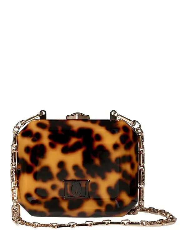 DESERI Diva Crossbody Clutch In Resin Plexiglass With Enamel Fox Head Clasp - Leopard