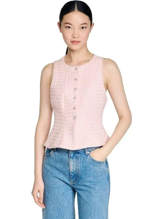 Sandro Beaded Check Tweed Vest - Pink