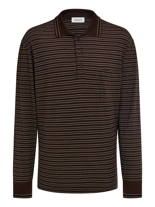 FERRAGAMO Long Sleeve Striped Polo Shirt - Brown