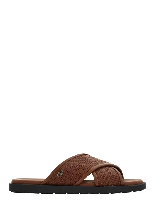 FERRAGAMO Gancini Ornat Woven Leather Crossover Sandals - Brown