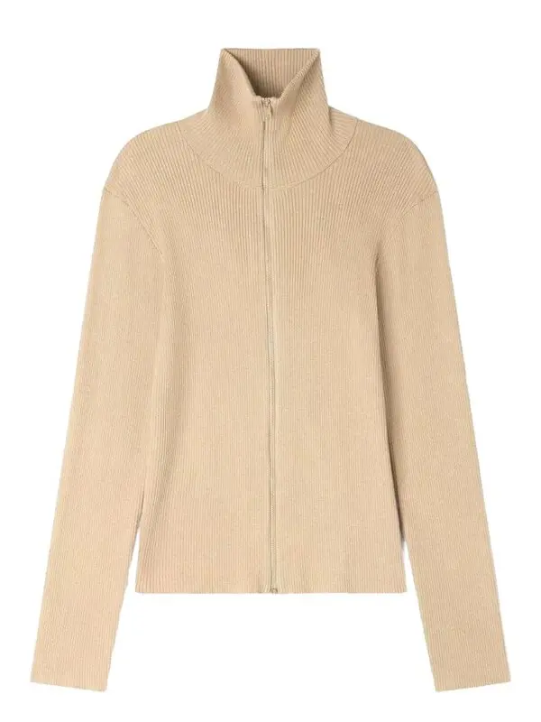 Sandro Ribbed Zip Cardigan With Standing Collar - Neutrals