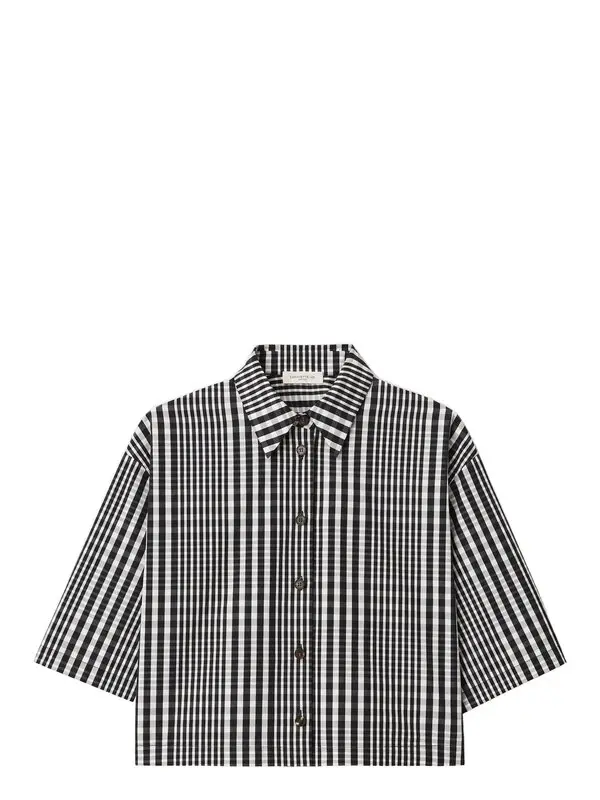 Lafayette 148 New York Grid Plaid Cotton Cropped Oversized Shirt - Black Multi