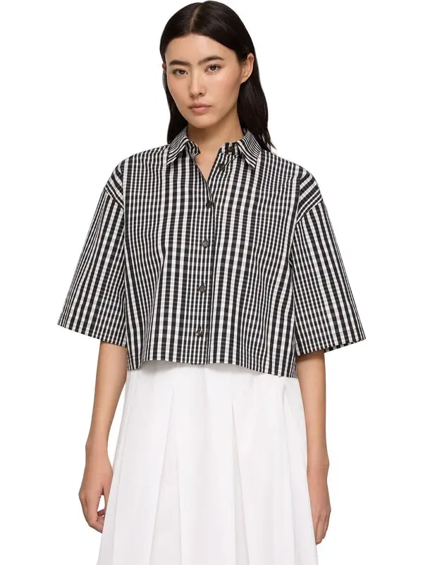 Lafayette 148 New York Grid Plaid Cotton Cropped Oversized Shirt - Black Multi