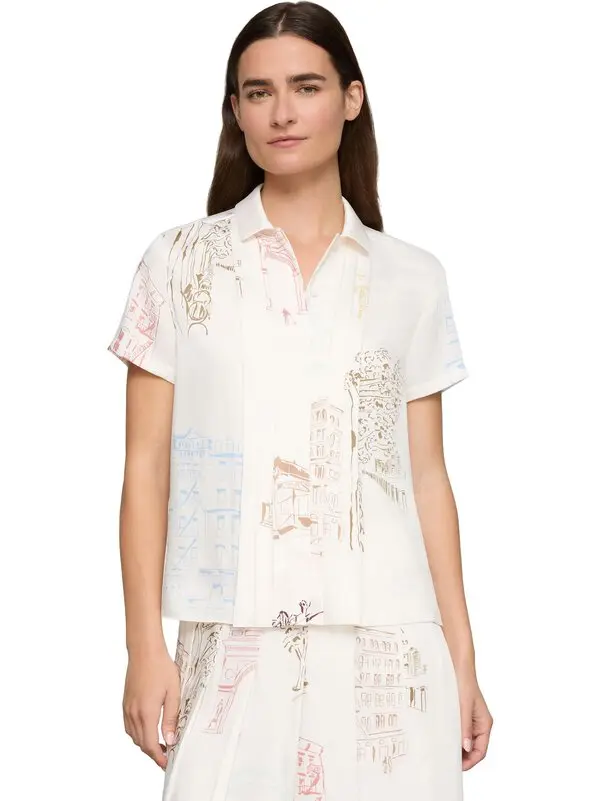 Lafayette 148 New York Manhattan Print Twill Pleated Blouse - Cloud Multi