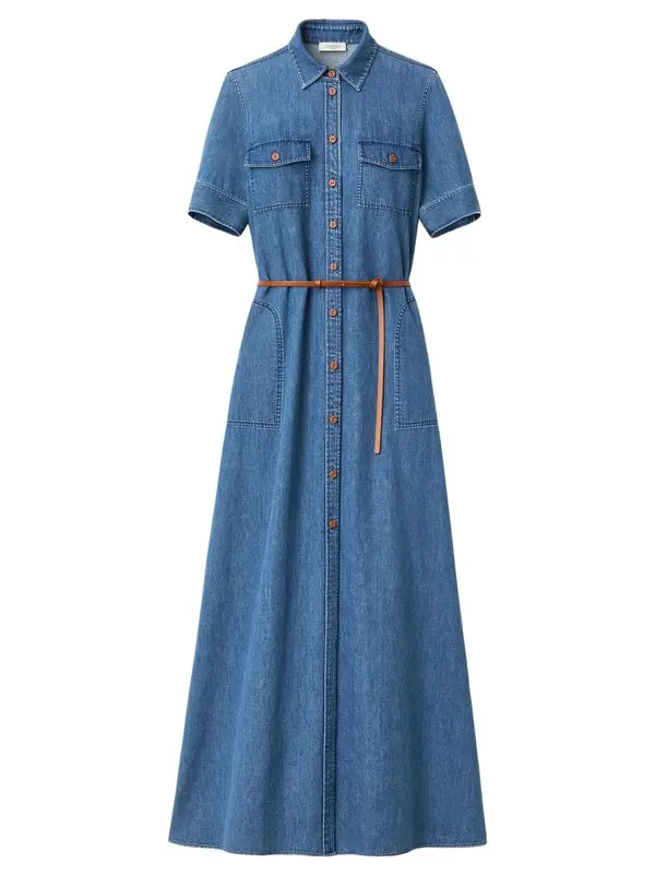 Lafayette 148 New York Chambray Cotton Maxi Shirtdress - Faded Skyline
