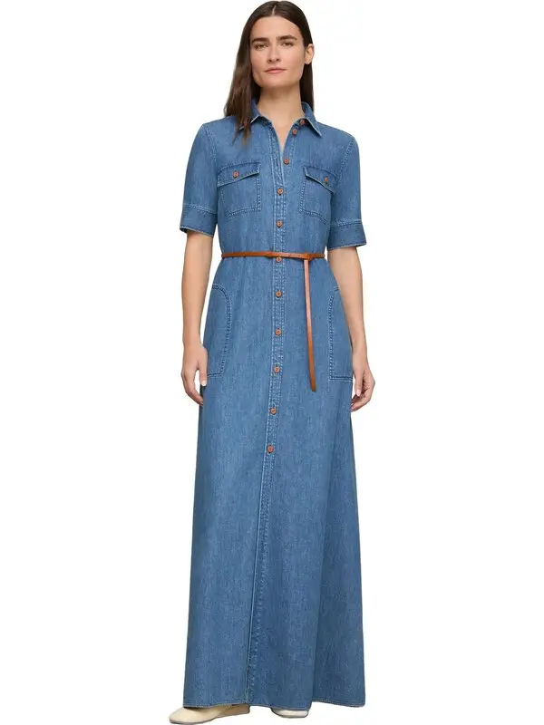 Lafayette 148 New York Chambray Cotton Maxi Shirtdress - Faded Skyline