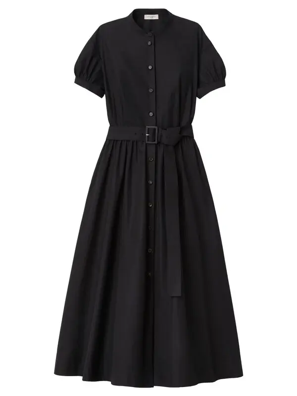 Lafayette 148 New York Organic Cotton Poplin Puff Sleeve Belted Shirt Dress - Black