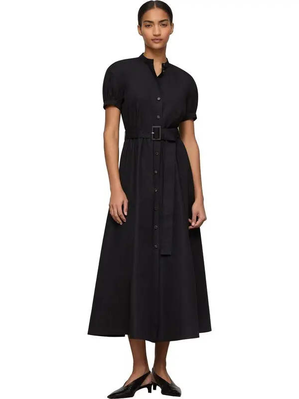 Lafayette 148 New York Organic Cotton Poplin Puff Sleeve Belted Shirt Dress - Black