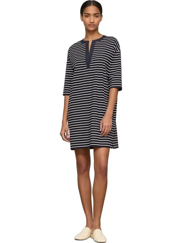 Lafayette 148 New York Stripe Cotton Rib Short Sleeve Dress - Ink Multi
