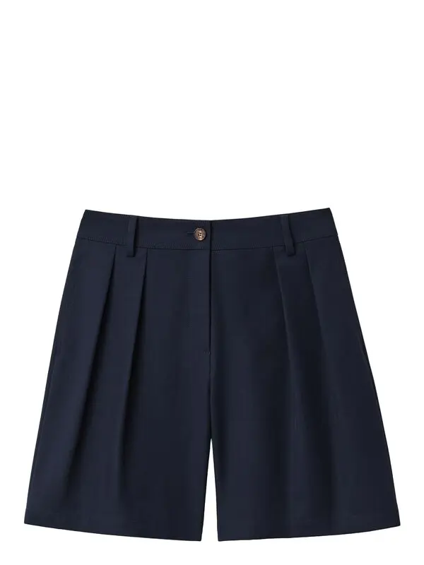 Lafayette 148 New York Cotton Twill Pleated Wide Leg Shorts - Blue Ink