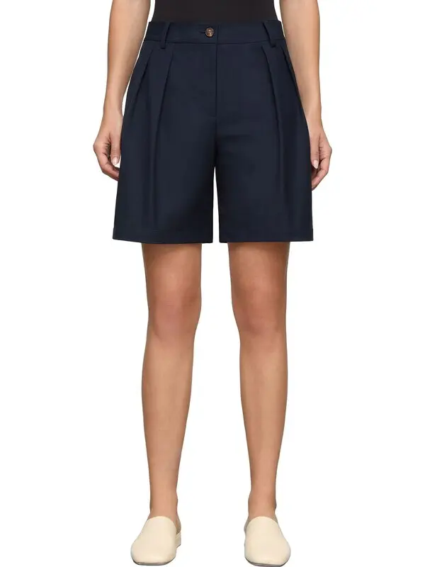 Lafayette 148 New York Cotton Twill Pleated Wide Leg Shorts - Blue Ink