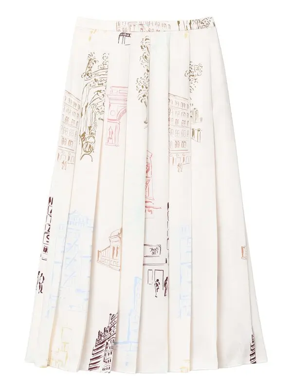 Lafayette 148 New York Manhattan Print Twill Pleated Midi Skirt - Cloud Multi