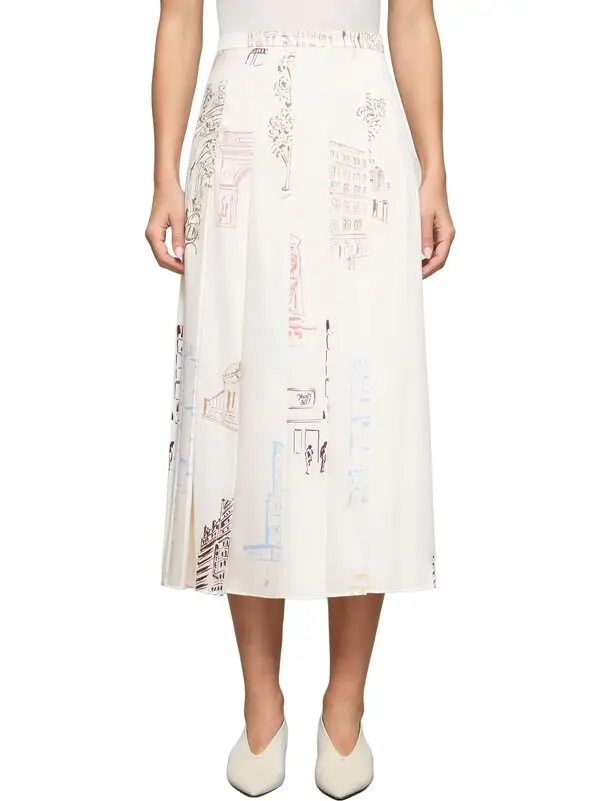 Lafayette 148 New York Manhattan Print Twill Pleated Midi Skirt - Cloud Multi