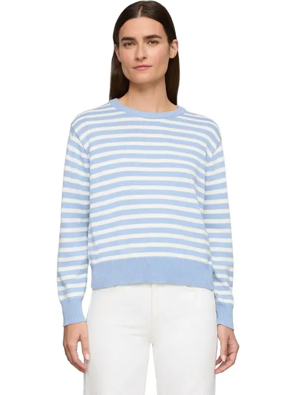 Lafayette 148 New York Stripe Cotton-silk Crewneck Sweater - Skyline Blue/cloud