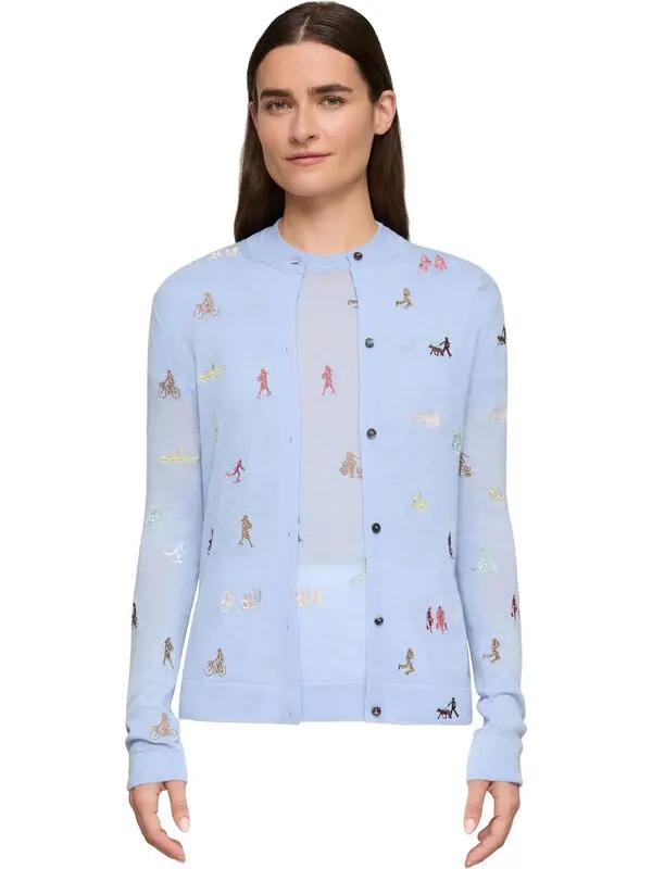 Lafayette 148 New York Fine Cashmere New Yorkers Crewneck Cardigan - Skyline Blue Multi