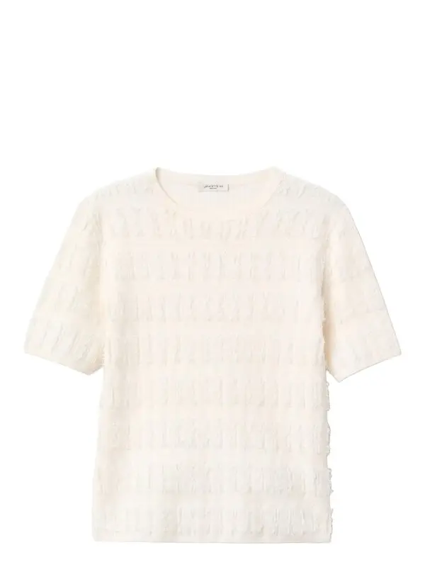 Lafayette 148 New York Cotton Voile Fringe Jacquard Short Sleeve Sweater - Cloud