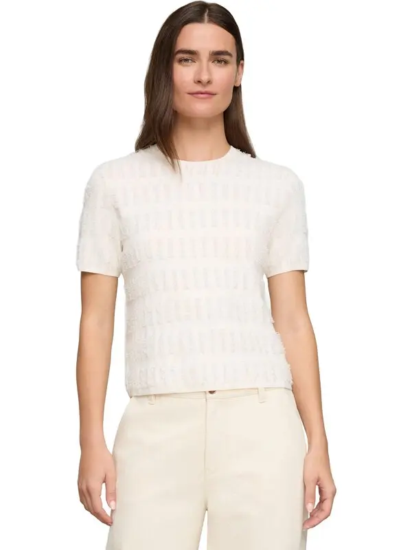 Lafayette 148 New York Cotton Voile Fringe Jacquard Short Sleeve Sweater - Cloud