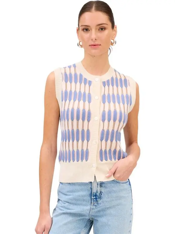 Allison Rose Knit Vest - Blue / Floral / White