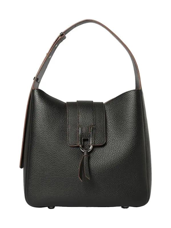 Hogan Trend Hammered Calfskin Shoulder Bag With Adjustable Handle - Black