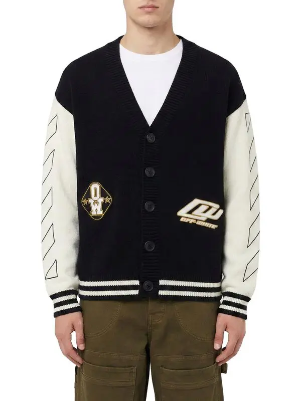 Off-White Cotton Cardigan With Graphic Motifs - Black