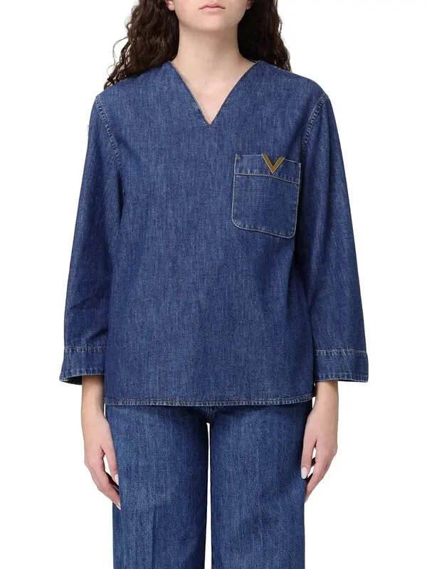 Valentino Garavani Cotton Denim V-neck Blouse - Gnawed Blue