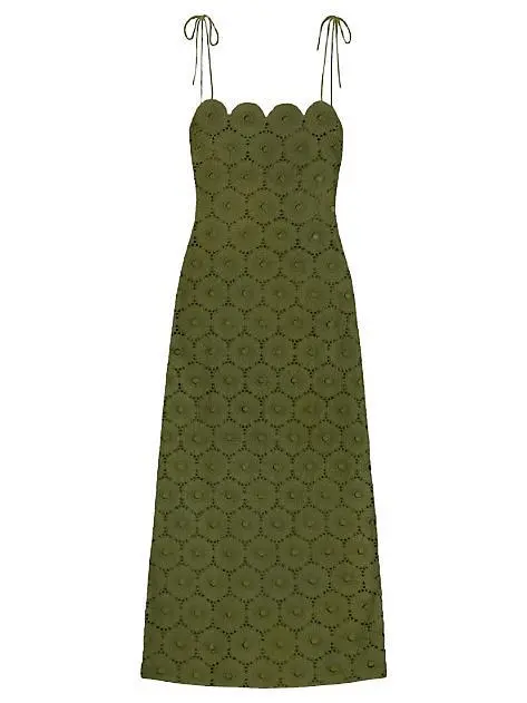 RO&ZO Broderie Tie-shoulder Cotton Midi Dress - Olive