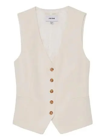 REISS Woven Waistcoat With Button Detail - Cream