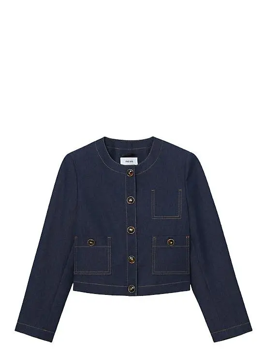 REISS Edie Collarless Cropped Jacket - Dark Blue