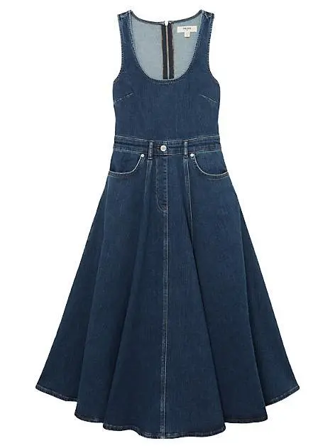 REISS Fitted-waist Sleeveless Stretch-denim Midi Dress - Indigo Blue