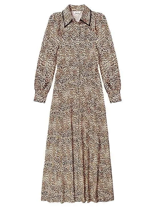 RO&ZO Collared Leopard-print Woven Maxi Dress - Brown