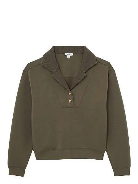 REISS Button-neck Relaxed Fit Sweatshirt - Khaki Green