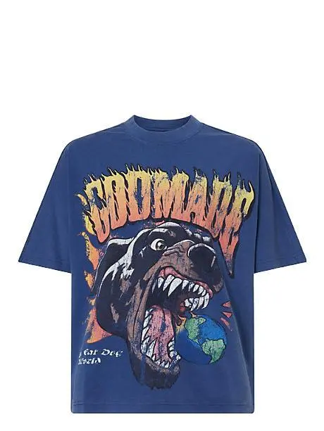 GODMADE Dog World Graphic Print Cotton T-shirt - Blue