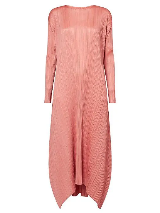 Issey Miyake Long-sleeve Pleated Knitted Maxi Dress - Brown Red