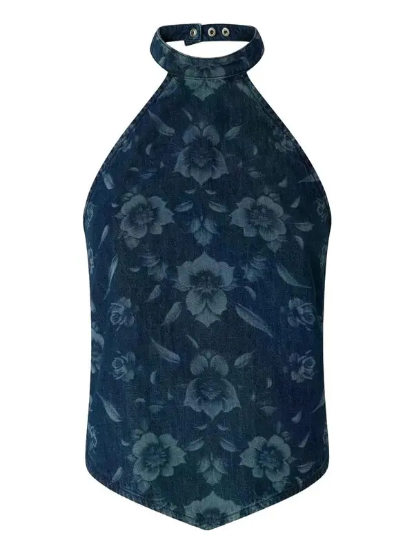 Pinko Floral Denim Halterneck Top - Blue