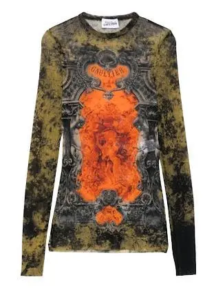 Jean Paul Gaultier Mesh Printed Medaillon Long Sleeve Top - Black/khaki