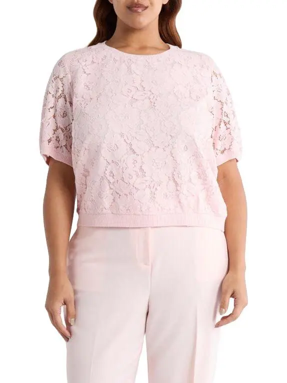 TAHARI ASL Lace Front Crewneck Sweater - Tea Rose