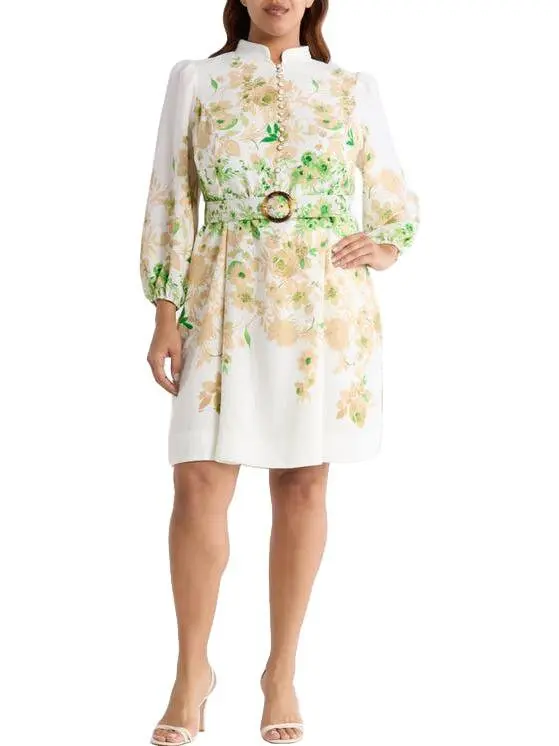 TAHARI ASL Floral Long Sleeve Dress - Ivory Fern