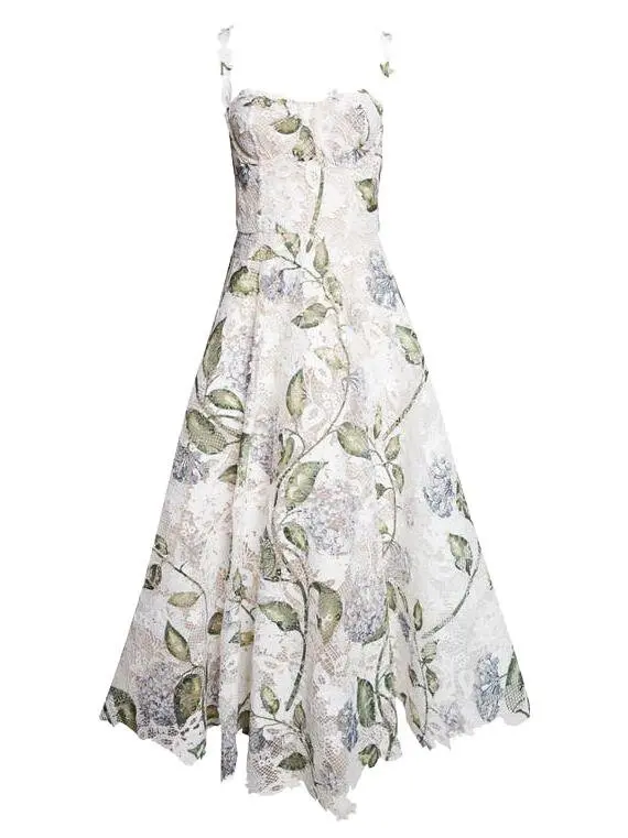 Oscar De La Renta Porcelain Flowers Guipure Lace Gown - Denim/white