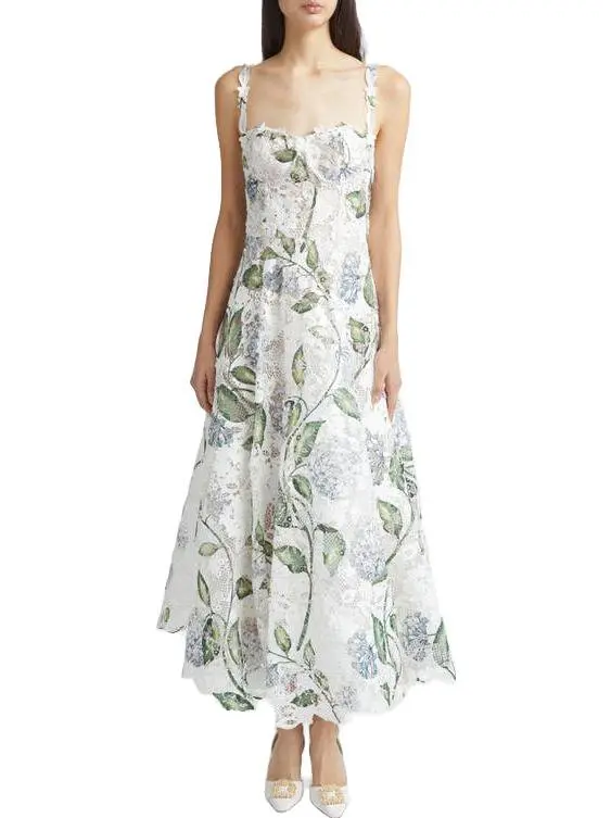 Oscar De La Renta Porcelain Flowers Guipure Lace Gown - Denim/white