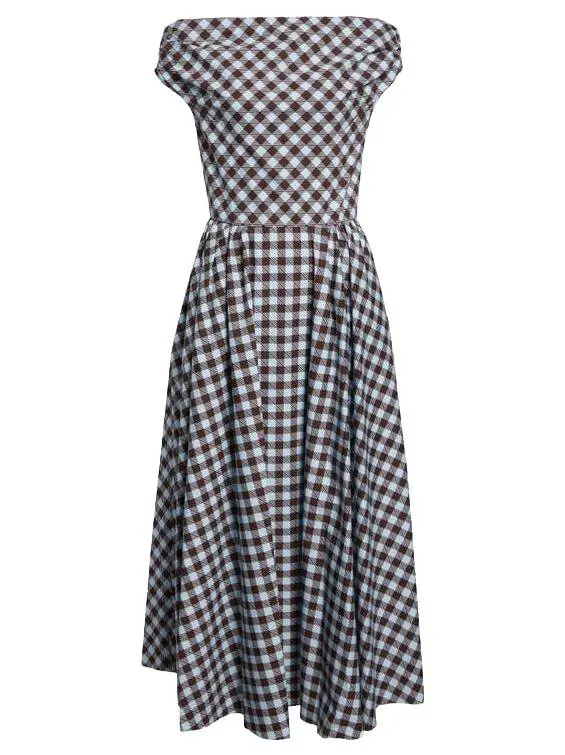 Oscar De La Renta Gingham Print Off-the-shoulder Cotton Poplin Dress - Ice/mahogany