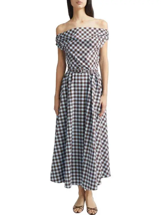 Oscar De La Renta Gingham Print Off-the-shoulder Cotton Poplin Dress - Ice/mahogany