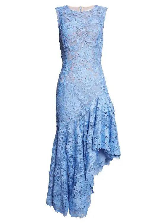 Oscar De La Renta Porcelain Flowers Asymmetric Guipure Lace Dress - Hydrangea
