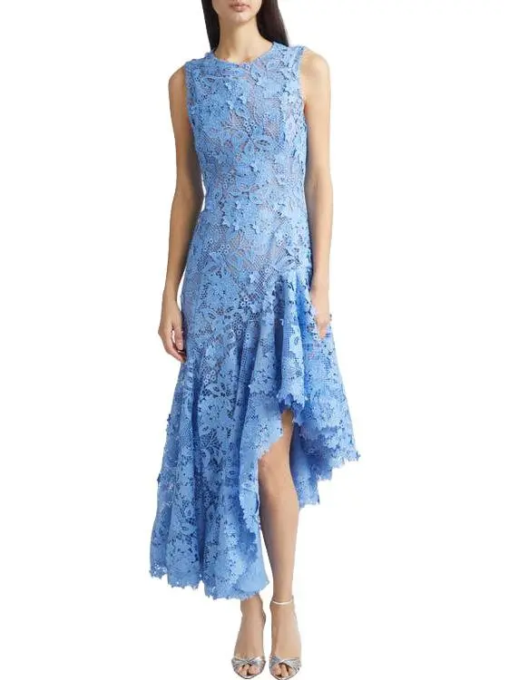 Oscar De La Renta Porcelain Flowers Asymmetric Guipure Lace Dress - Hydrangea