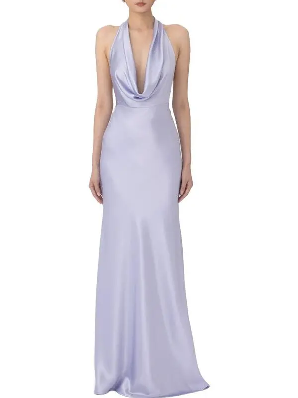 SAU LEE Satin Gown With Cowl Halter Neck - Dusty Lavender