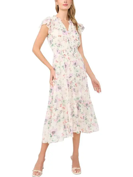 CECE DUPRAZ Floral Flutter Sleeve Midi Dress - New Ivory