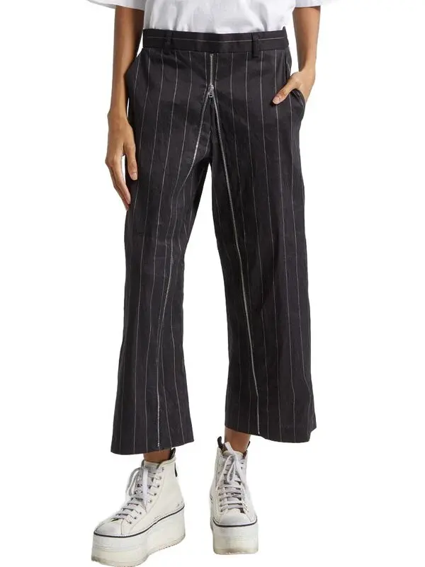 R13 Wide Pinstripe Front Zip Linen Blend Pants - Black Silver Wide Pinstripe