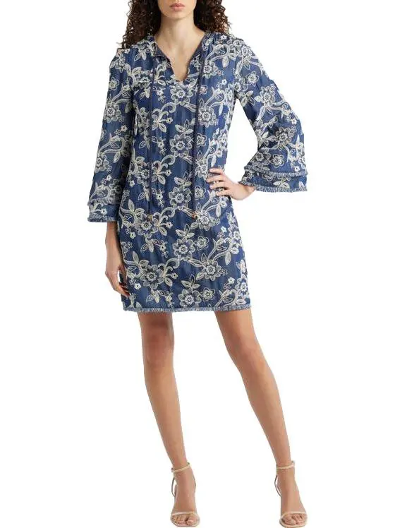 Eliza J Floral Embroidered Split Neck Shift Dress - Denim