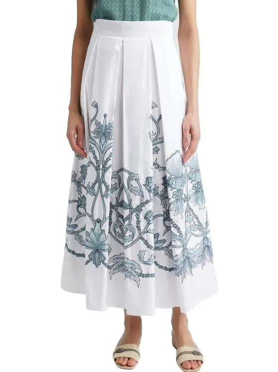 Eleventy Floral Embroidered Cotton Midi Skirt - 01-175 White/jade