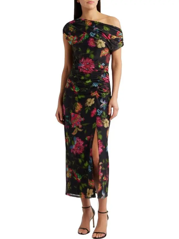 Vince Camuto Floral One-shoulder Mesh Maxi Dress - Black
